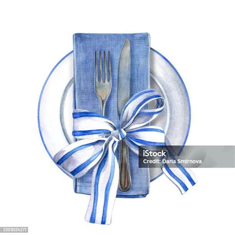 테이블 설정 흰색 접시 냅킨 리본과 칼로 묶인 스트라이크가 있는 수채화 그림 엽서 요리법 메뉴 초대장 인사말 카드에 좋습니다 가정 생활에 대한 스톡 벡터 아트 및 기타