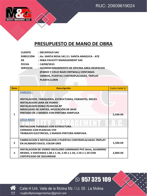 Presupuesto Mano De Obra Mandg Facility Management Sac Decapolis Sac Pdf