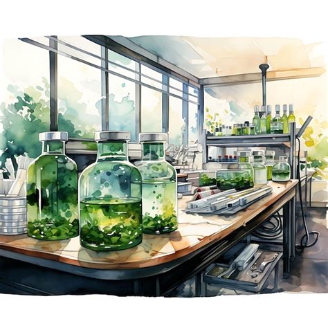 실험실 장비를 갖춘 수채화 생명공학자 방 페트리 접시 Dna Mod 클리파트 화이트 Bg 잉크 프리미엄 사진