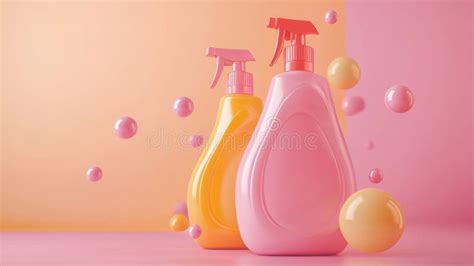 Yellow And Pink Spray Bottles With Floating Spheres On A Two Toned Background Stock Illustration
