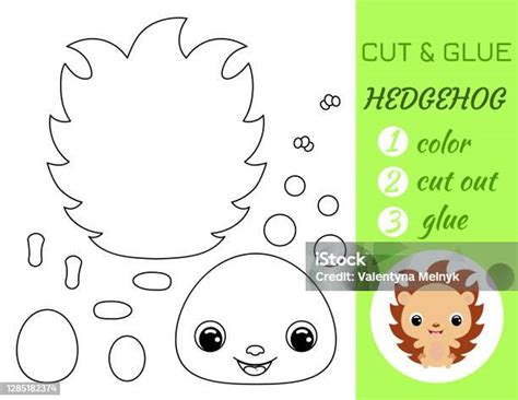 아이들을위한 간단한 교육 게임 색칠 페이지 컷과 접착제 앉아 아기 고슴도치 유치원 어린이를위한 교육 종이 게임 종이에 색상 절단 부품 및 접착제 벡터 스톡