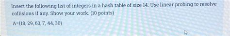 solved insert the following list of integers in a hash table