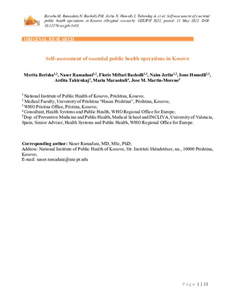 Pdf Self Assessment Of Essential Public Health Operations In Kosovo