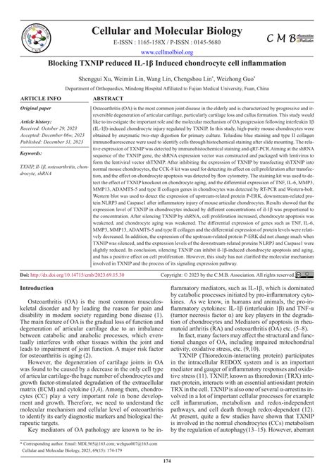 Pdf Blocking Txnip Reduced Il 1β Induced Chondrocyte Cell Inflammation