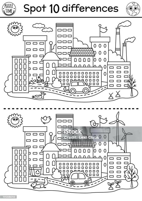 차이점 게임을 찾으십시오 생태 도시 또는 도시와의 생태 흑백 교육 활동 아이들을위한 지구 데이 라인 퍼즐 에코 인식 또는 제로