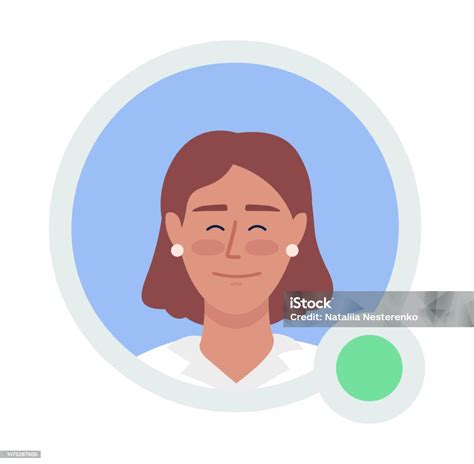 귀걸이를 가진 기쁜 여자 평면 벡터 아바타 아이콘 녹색 점 Brand Name Online Messaging Platform에