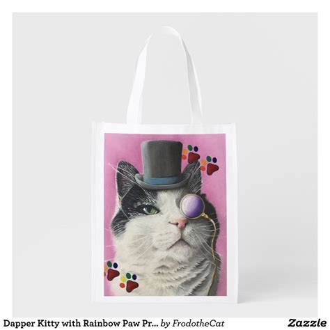 Dapper Kitty With Rainbow Paw Prints Reusable Grocery Bag