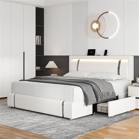 Homfa Queen Size Led Bed Frame With 2 Storage Drawers Modern Leather