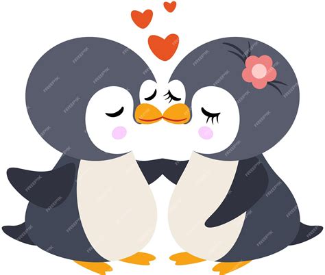 Una Pareja De Pingüinos Cariñosos Y Lindos Besándose Vector Premium