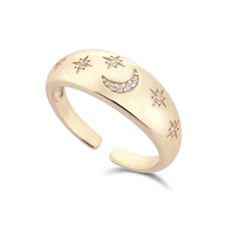 Moon Star Dome Wedding Band 10k 14k 18k Solid Gold Moissanite Celestial