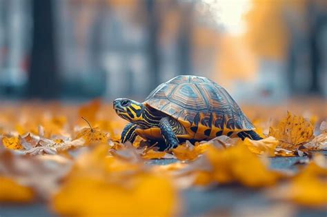 Turtle Walking On Fall Leaves In Autumn Premium Ai Generated Image