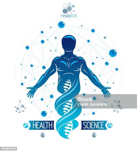 벡터 일러스트 레이 션의 인간 선수 Dna 기호 연속으로 묘사 하 고 와이어 연결을 사용 하 여 만든 생명 공학 및 유전학 개념입니다 Dna에 대한 스톡 벡터 아트 및 기타