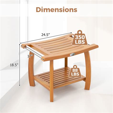 2 Tier Teak Wood Shower Bench Shower Stool With Curved Seat Costway