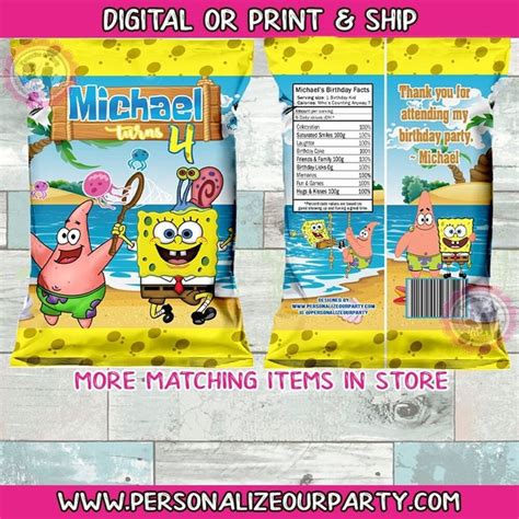 Spongebob Chip Bags Wrappers Digital Print Spongebob 1st Birthday Party Favors Sponge Bob