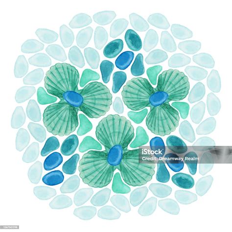 흰색 배경에 파란색과 녹색 색상의 조개와 바다 유리로 만든 꽃의 손으로 그린 수채화 배열 가리비에 대한 스톡 벡터 아트 및 기타 이미지 가리비 갑각류 구도 Istock