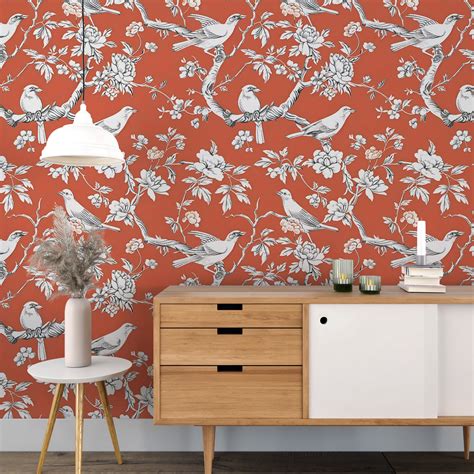 Red Chinoiserie Wallpaper White Flowers And Birds Botanical Wallpaper