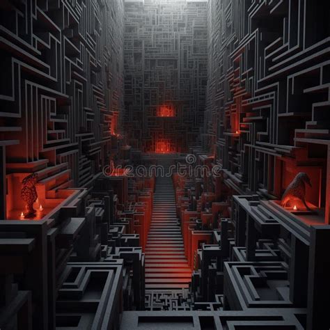 ai generated illustration of a complex maze with several walls and steps with red lights stock