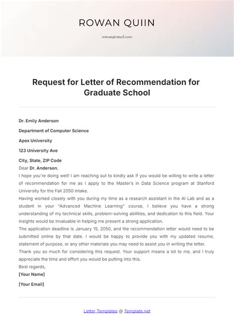 Letter Of Recommendation Request Template For Graduate Program