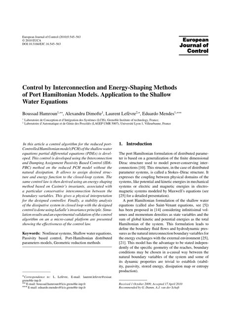 Pdf Control By Interconnection And Energy Shaping Methods Of Port Hamiltonian Models
