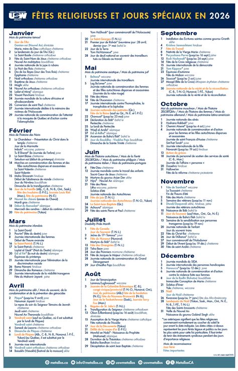 Calendrier Des Fêtes Religieuses Et Jours Spéciaux 2026 Usw Canada