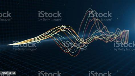 3d curve graph wave chart statistic diagrams with particles and flare on blue grid background
