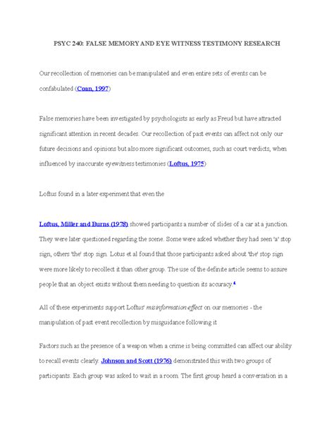 240 Research Instructor Eugene Emory Psyc 240 False Memory And Eye Witness Testimony