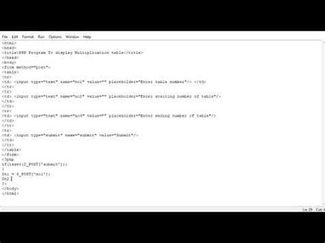PHP Program To Display Multiplication Table