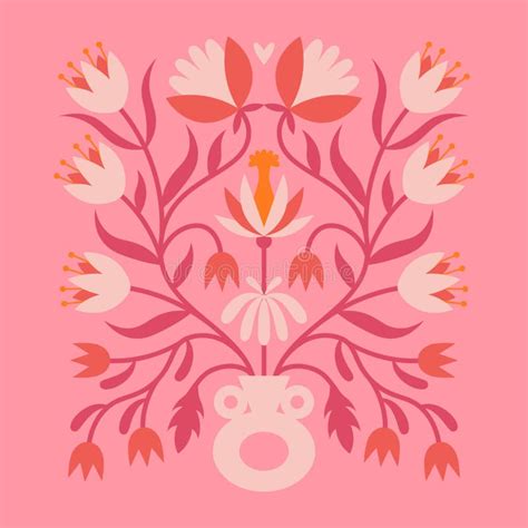 Folk Floral Symmetrical Arrangement Traditional Slavic Scandinavian Ornament With Rustic