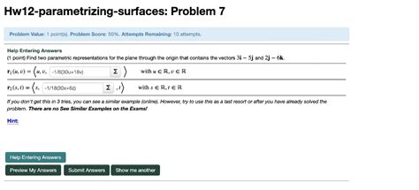 solved hw12 parametrizing surfaces problem 7 problem value