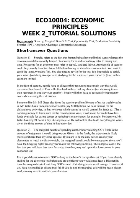 Week Tutorial Solutions ECO ECONOMIC PRINCIPLES WEEK TUTORIAL SOLUTIONS Key Concepts