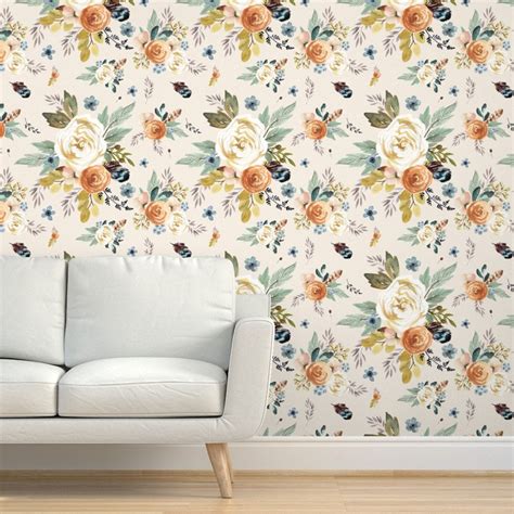 Autumn Floral Wallpaper Western Autumn Florals Ivory By Etsy