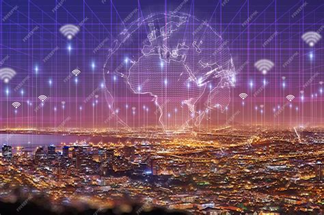 연결 또는 데이터 공유를 위해 밤에 오버레이 도시가 있는 글로벌 네트워크 및 정보 기술 3d 글로브 홀로그램 및 디지털 변환 또는 도시 마을의 사이버 보안 프리미엄 사진