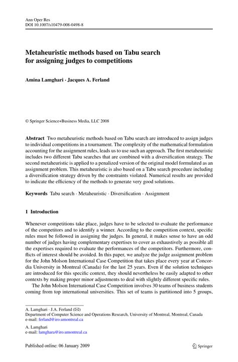 Pdf Metaheuristic Methods Based On Tabu Search For Assigning Judges