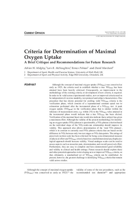 pdf criteria for determination of maximal oxygen uptake a brief