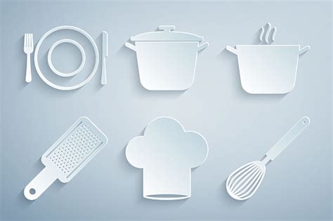 셰프 모자 요리 냄비 강판 주방 거품기 접시 포크 와 칼 아이콘을 설정합니다 벡터 3차원 형태에 대한 스톡 벡터 아트 및 기타 이미지 Istock