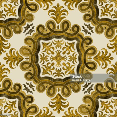 수채화는 베이지 색 배경에 황금 꽃 다마스크 매끄러운 패턴을 그린 손으로 그린 금 두루마리 잎 가지가 있는 타일 꽃무늬에 대한 스톡 벡터 아트 및 기타 이미지 Istock