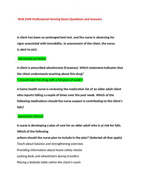 Nur 2349 Professional Nursing I Exam Questions And Answers Exams Nursing Docsity