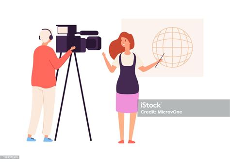 Tv 발표자 라이브 뉴스 기자 카메라 승무원 비디오 블로그 또는 라이브 스트림 여자는 세계에 대해 이야기 방송 쇼 벡터 일러스트레이션 뉴스 캐스터에 대한 스톡 벡터 아트 및