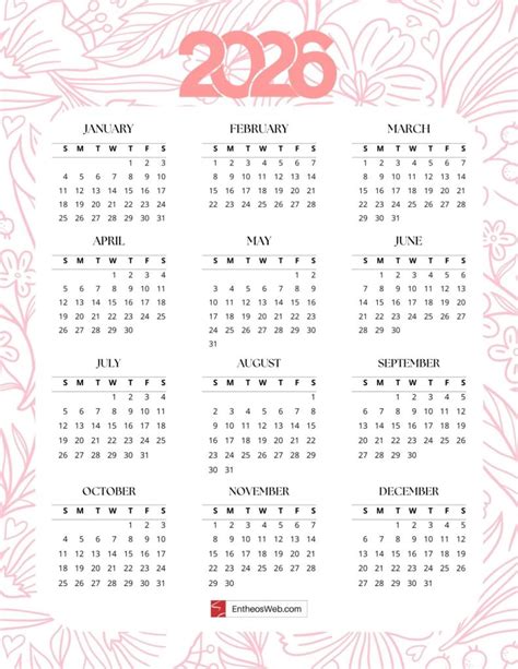 2026 Calendars Full Year Pdf Printables Entheosweb