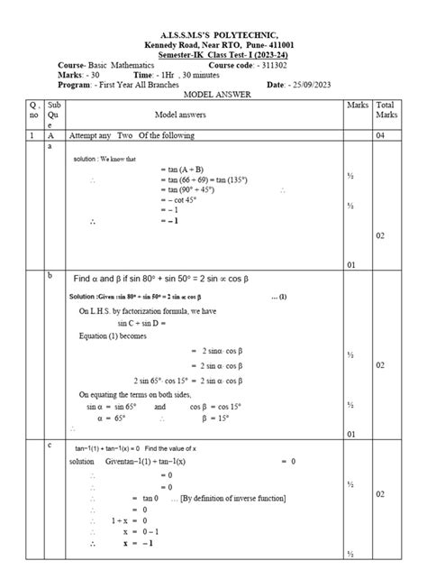 Model Answers Class Test 2 Basic Mathematics Pdf Slope Mathematical Relations