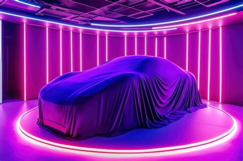 Futuristic Car Unveiling With Neon Lights And Fabric Cover In Tech