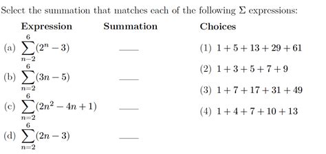 Solved Select The Summation That Matches Each Of The