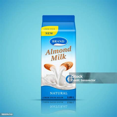 아몬드 우유 포장 디자인입니다 액체는 스플래시와 너트에서 내려 부 어 넣는다 음료 광고에 대 한 레이블 템플릿입니다 종이 판지 파란색 배경에 고립 3d 일러스트 벡터 영양