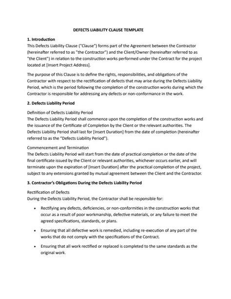 Defects Liability Clause Template