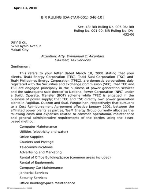 Bir Ruling On Cost Allocation Methods Pdf Taxes Expense