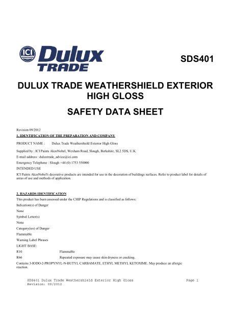 Sds401 Dulux Trade Weathershield Exterior High Gloss Safety Data Sheet