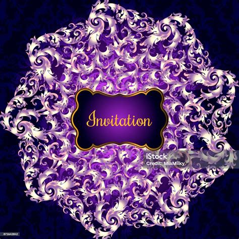 인도 스타일에 레이스 만다라와 초대 카드입니다 보헤미안 장식입니다 로얄 퍼플 원형 트레이 서 리 고유한 서식 파일 디자인 또는 배경 0명에 대한 스톡 벡터 아트 및 기타