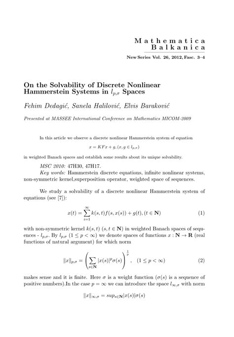 Pdf On The Solvability Of Discrete Nonlinear Hammerstein Systems In L