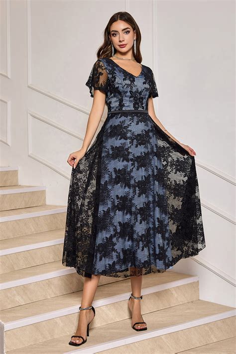 Zapakasa Women Black Cocktail Dress V Neck Lace Short Sleeves A Line