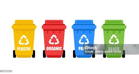 유기물 종이 플라스틱 유리 쓰레기를 위한 쓰레기통은 흰색 바탕에 있다 다채로운 재활용 플라스틱 쓰레기통 다른 색깔의 재활용 쓰레기통 0명에 대한 스톡 벡터 아트 및 기타